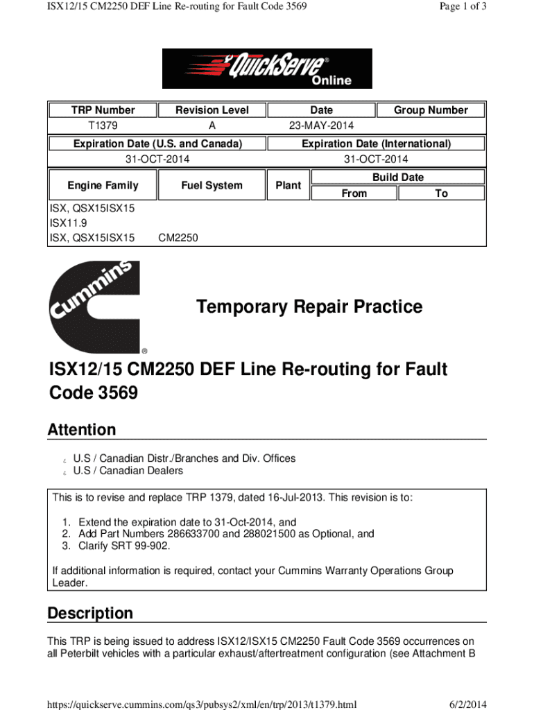 Fillable Online Temporary Repair Practice ISX12/15 CM2250 DEF Line Re ...