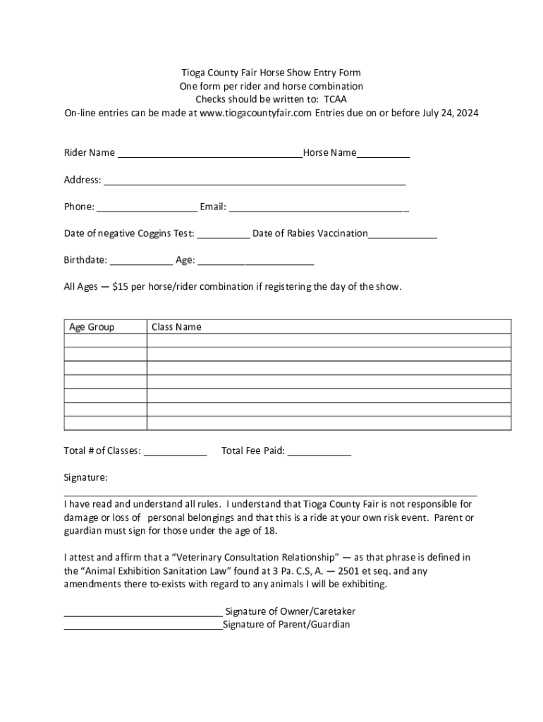 Fillable Online Get Tioga County Fair Pleasure Horse Show Entry Form ...