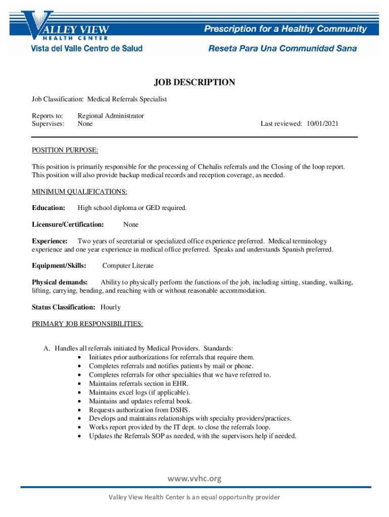 Fillable Online Job Classification: Medical Referrals Specialist Fax ...