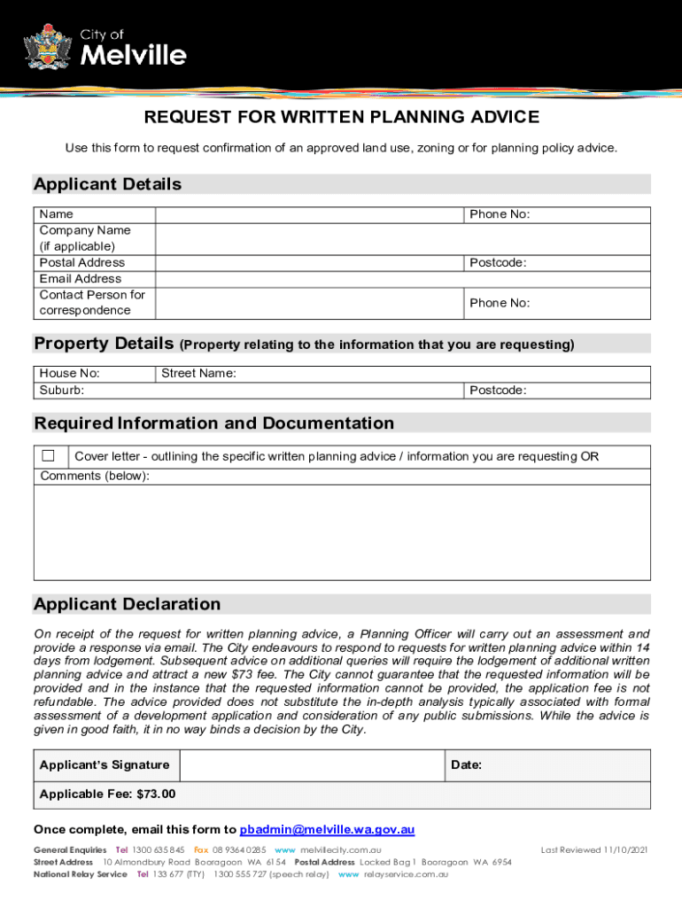 Fillable Online Request for Written Planning Advice City of Melville Fax Email Print - pdfFiller