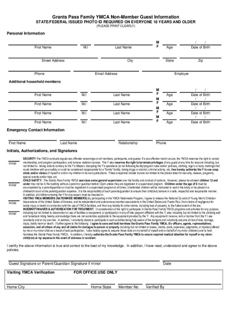Fillable Online Grants Pass Family YMCA Non-Member Guest Information ...