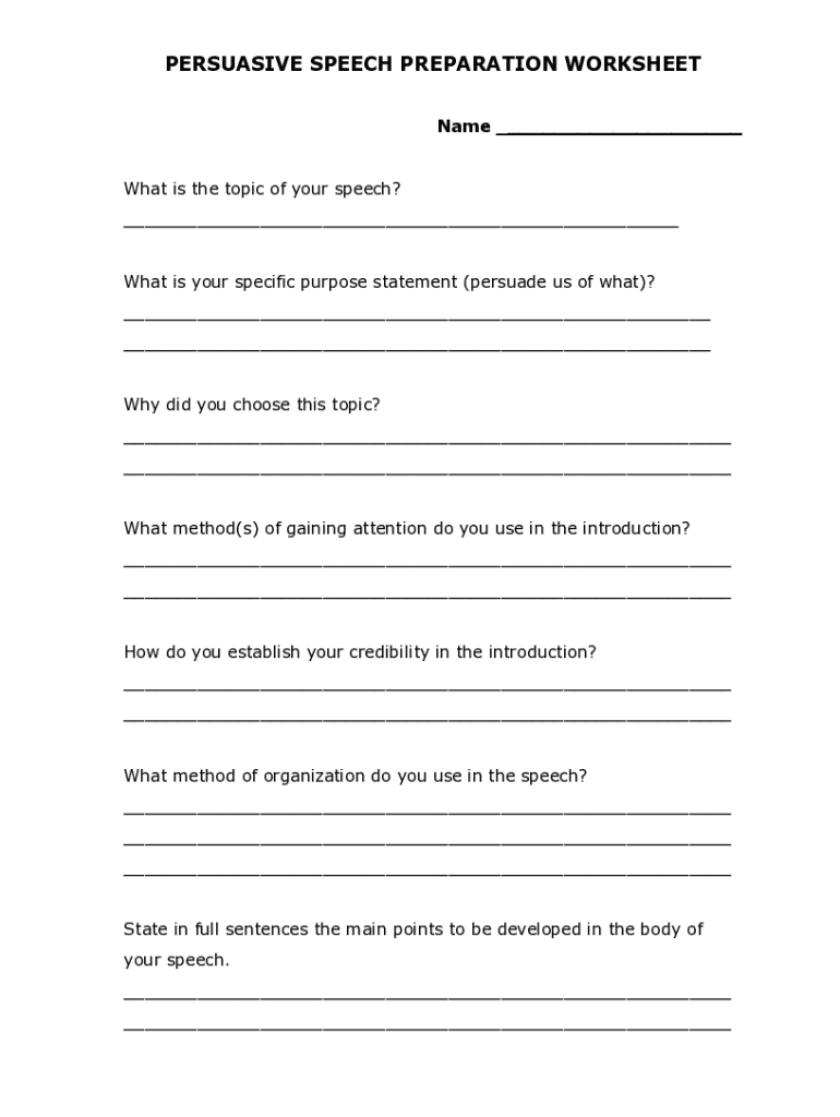 Fillable Online Speech PERSUASIVE SPEECH PREPARATION WORKSHEET.doc Fax Email Print - pdfFiller
