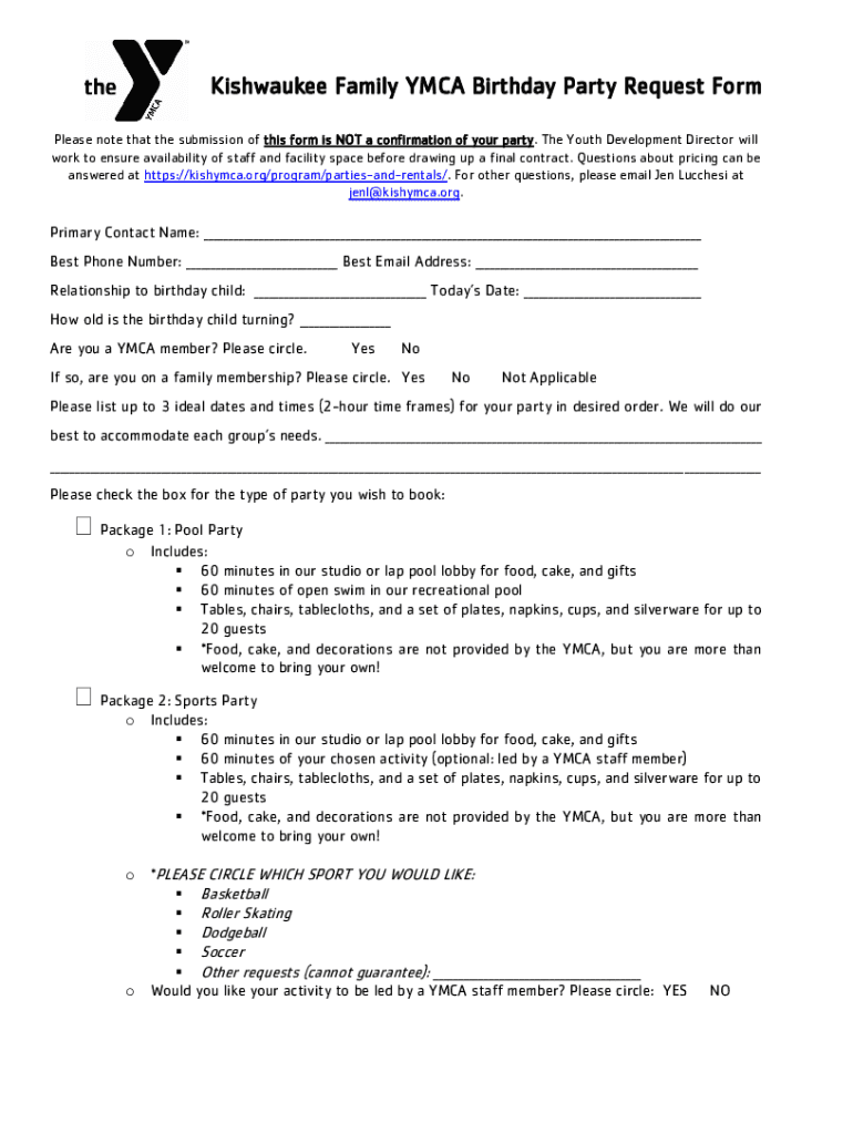 Fillable Online Kishwaukee Family YMCA Birthday Party Request Form Fax ...