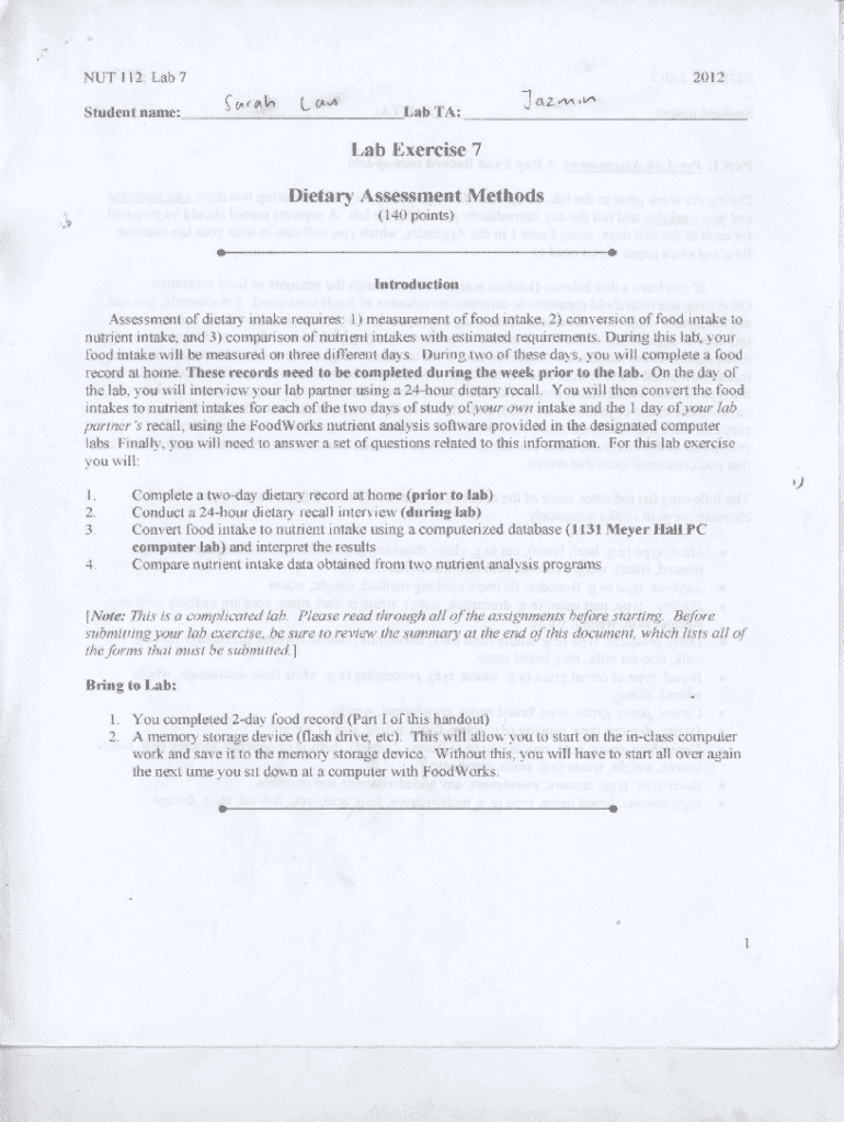 Fillable Online Lab Exercise 7 Dietary Assessment Methods Fax Email Print - pdfFiller