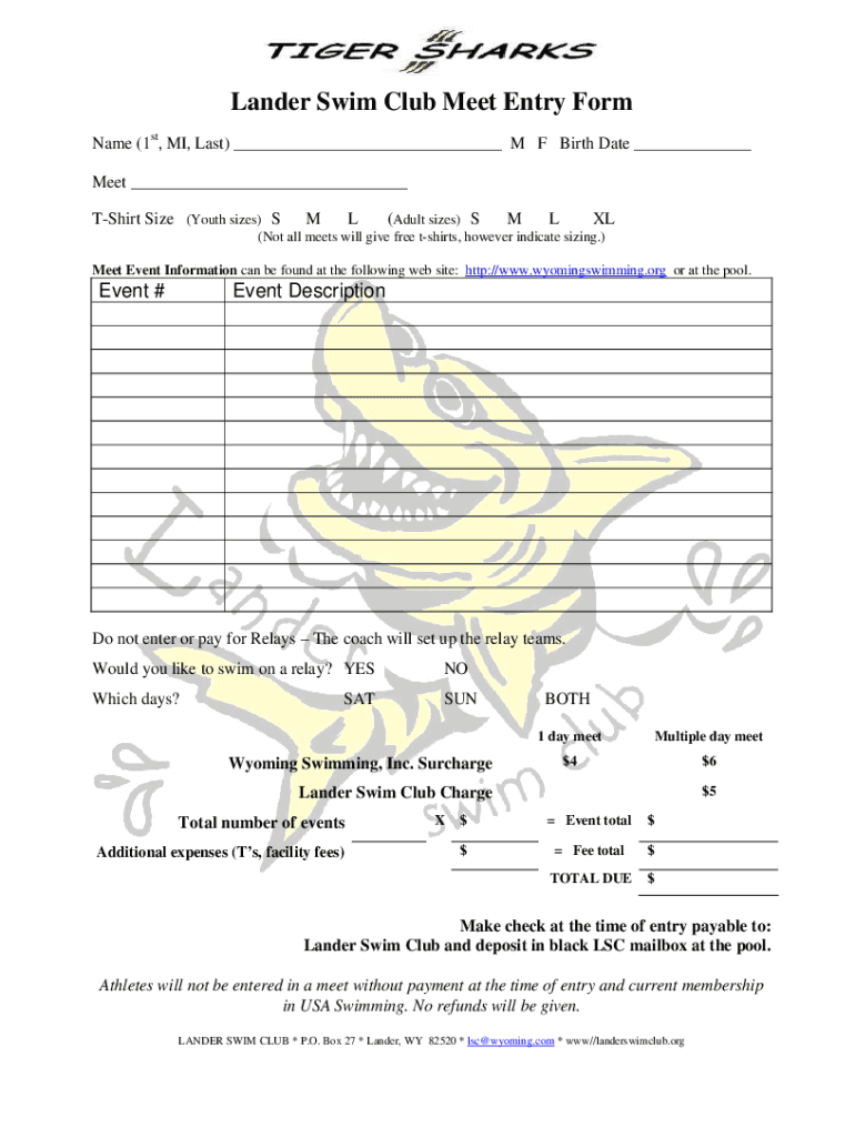 Fillable Online Lander Swim Club Meet Entry Form Fax Email Print ...