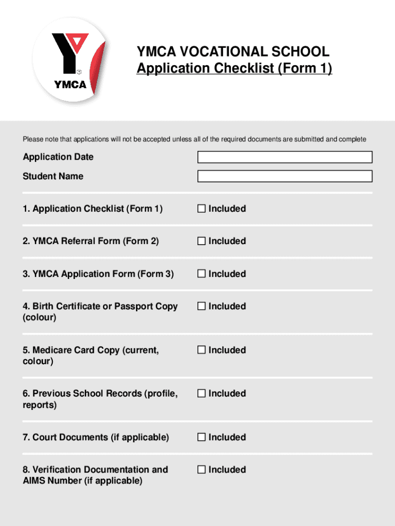 Fillable Online YMCA VOCATIONAL SCHOOL Application Checklist (Form ...