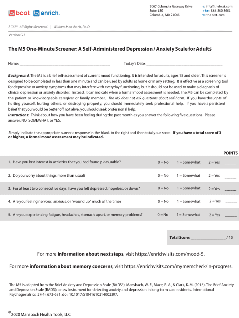 Fillable Online A Self-Administered Depression / Anxiety Scale for ...