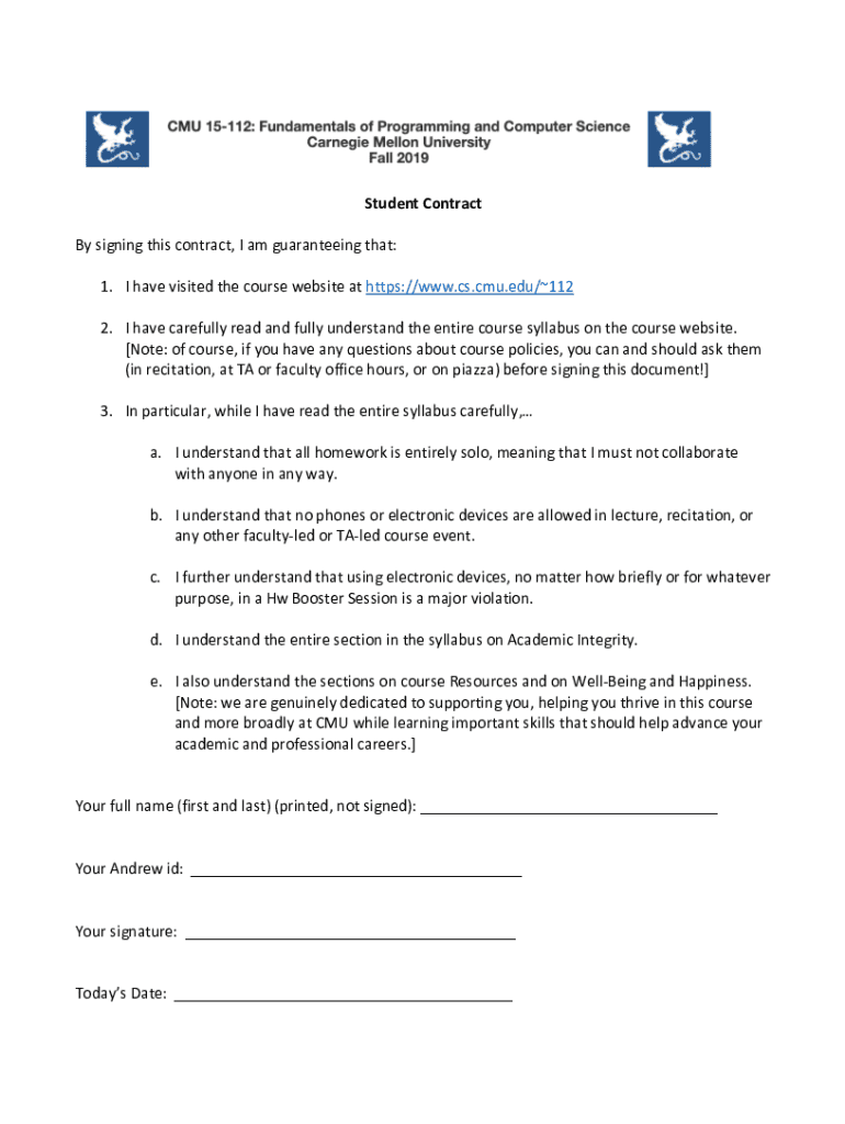 Fillable Online Student Contract - CMU School of Computer Science Fax Email Print - pdfFiller
