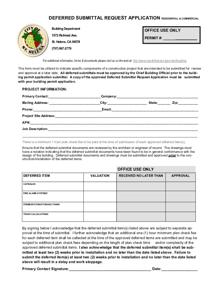 Fillable Online DEFERRED SUBMITTAL FORM Project Address Fax Email Print ...