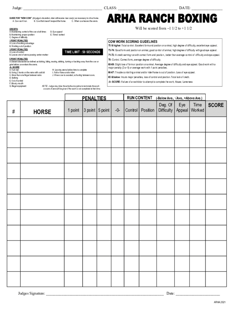 Fillable Online ARHA Ranch Roping Score Sheet Fax Email Print - pdfFiller