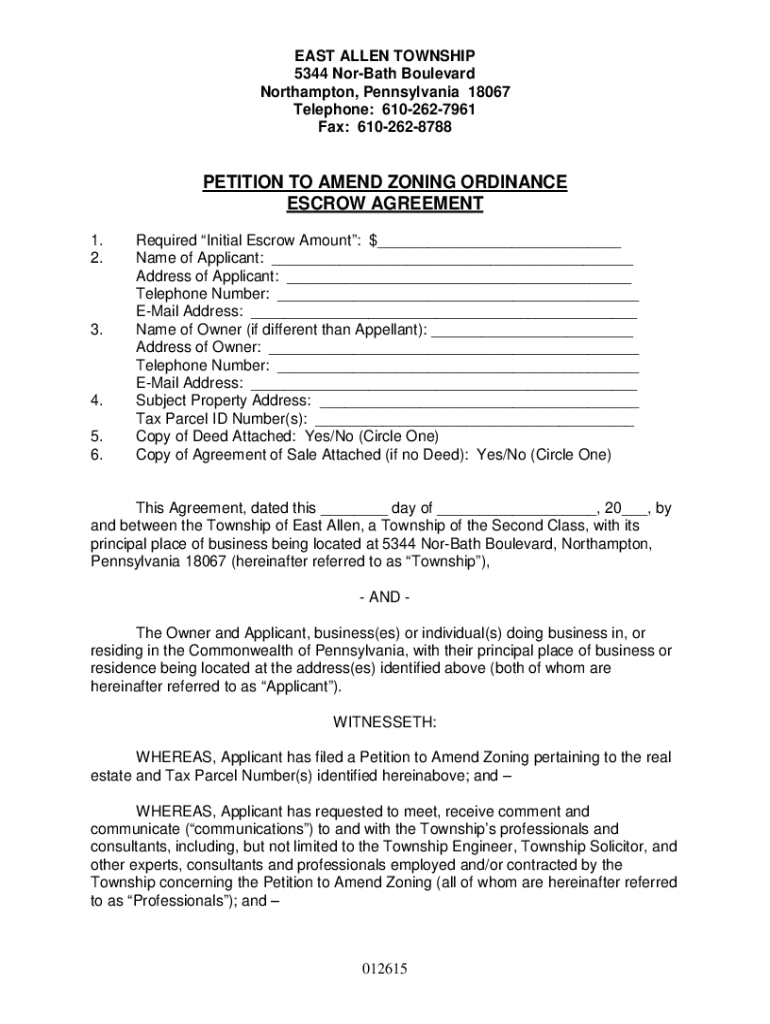 Fillable Online petition to amend zoning ordinance escrow agreement Fax ...