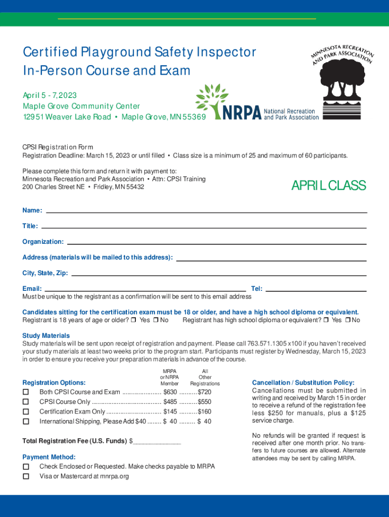 Fillable Online Certified Playground Safety Inspector Course (CPSI) Fax ...