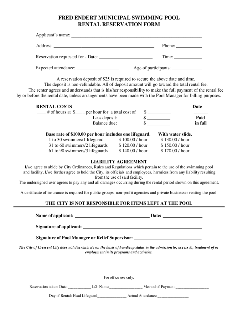 Fillable Online fred endert municipal swimming pool rental reservation ...