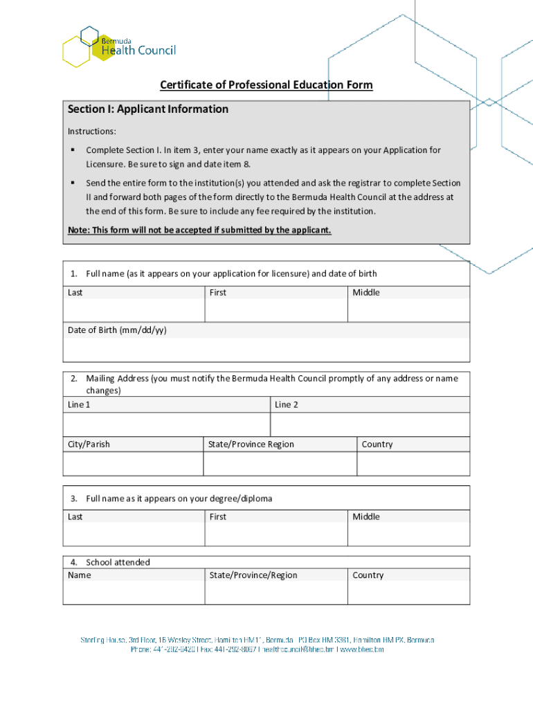 Fillable Online Certificate of Professional Education Form Section I ...