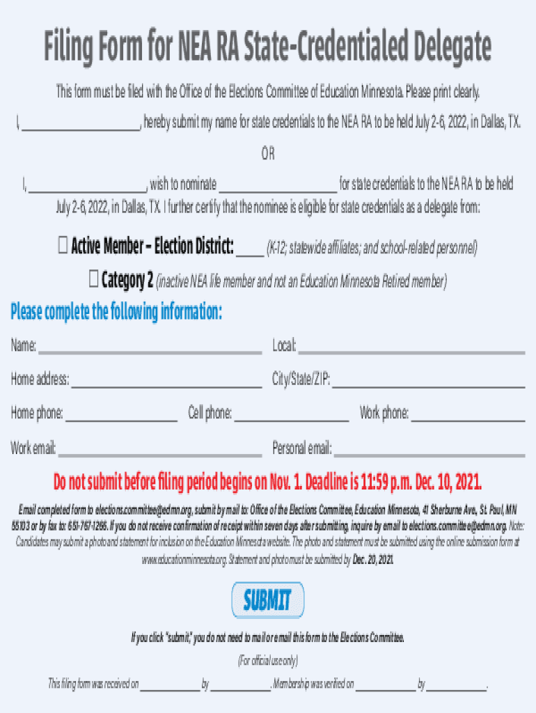 Fillable Online Filing Form for NEA RA State-Credentialed Delegate: Student Fax Email Print ...