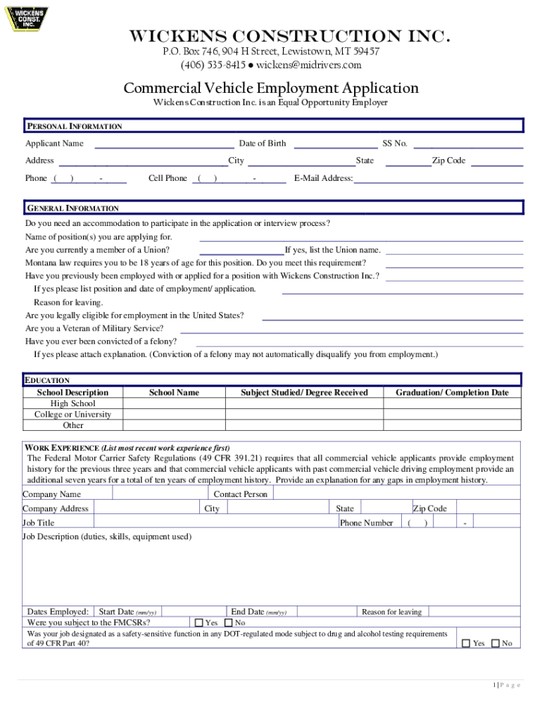 Fillable Online Wickens Construction IncMontana Excavation Grading ...