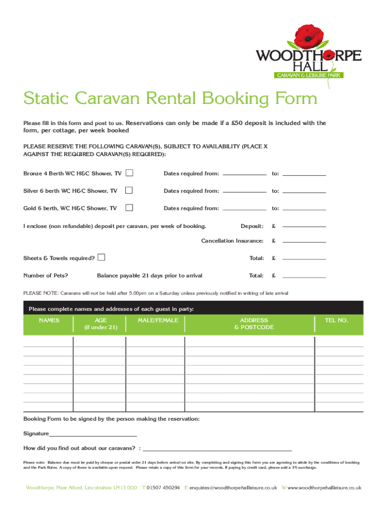Fillable Online Static Caravan Rental Booking Form Fax Email Print ...