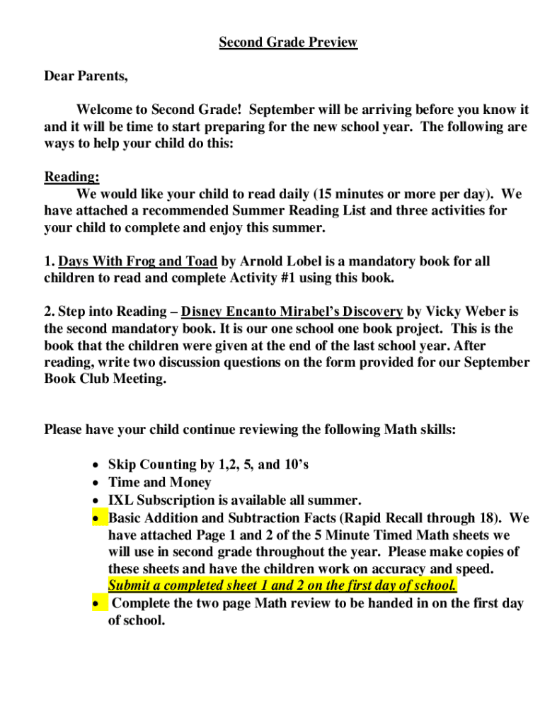 Fillable Online Dear 2nd Grader, Hello and welcome to Second Grade! My ...