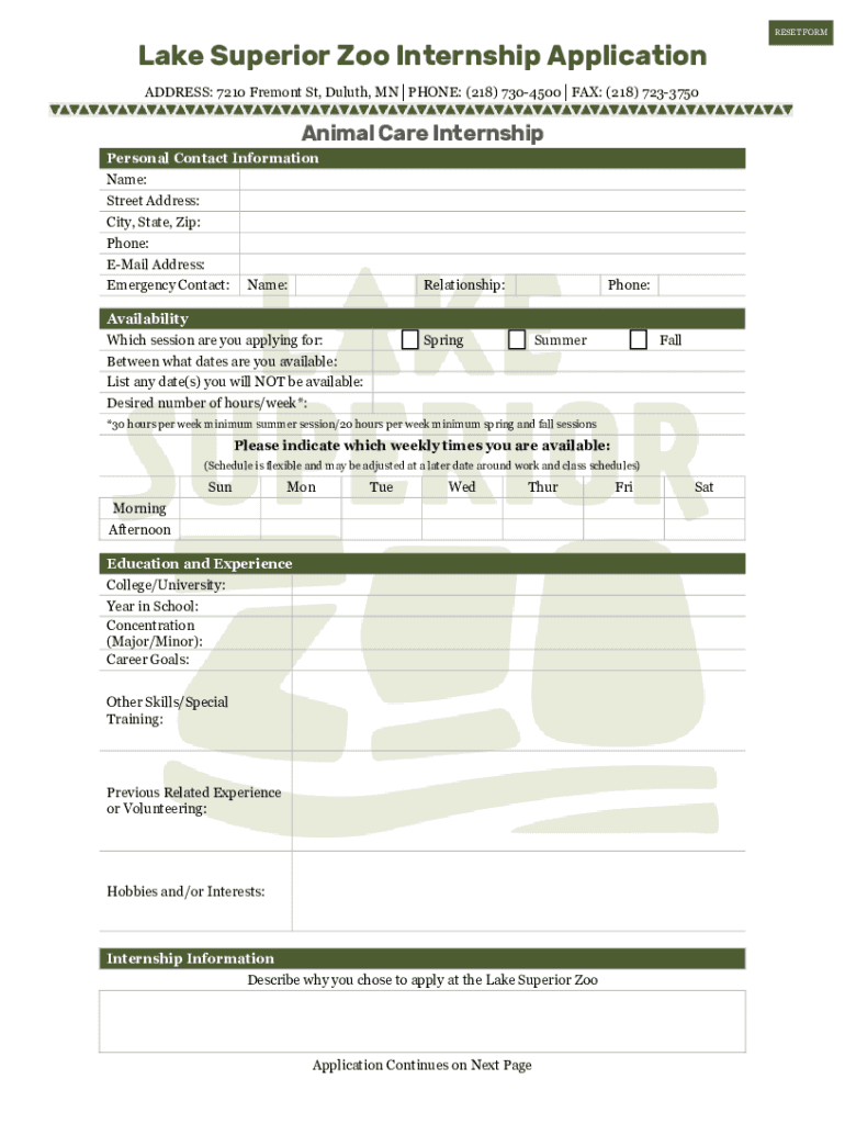 Fillable Online Lake Superior Zoo Internship Description Fax Email ...