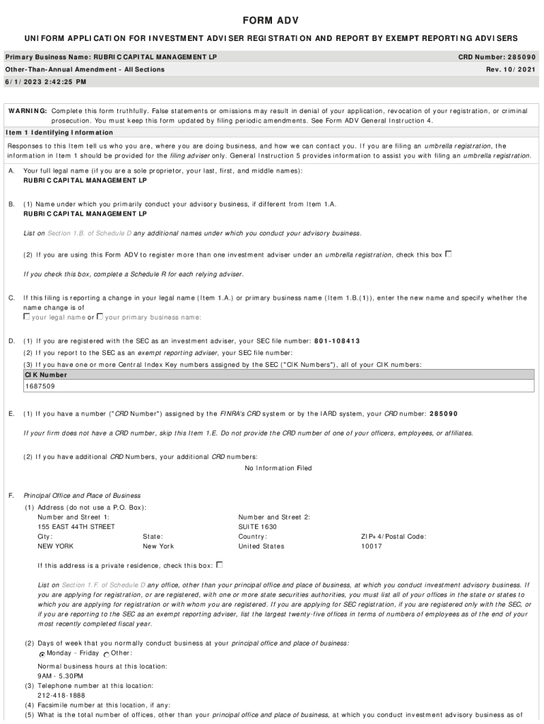 Fillable Online RUBRIC CAPITAL MANAGEMENT LPForm ADV Fax Email Print ...
