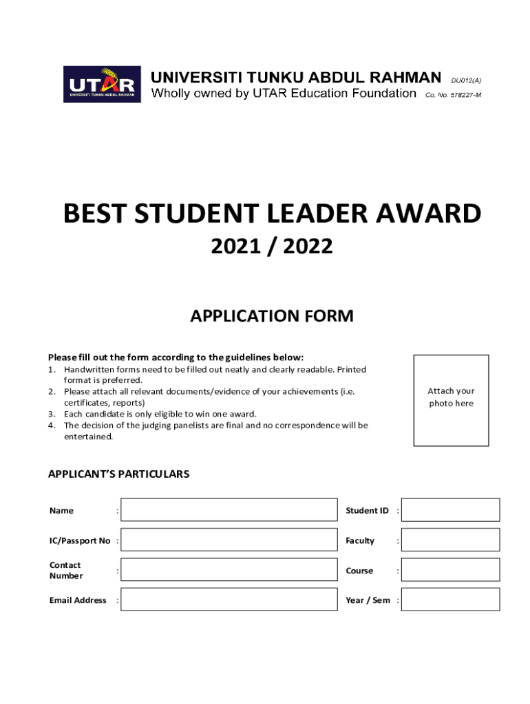 Fillable Online best student leader award 2021 / 2022 application form Fax Email Print - pdfFiller