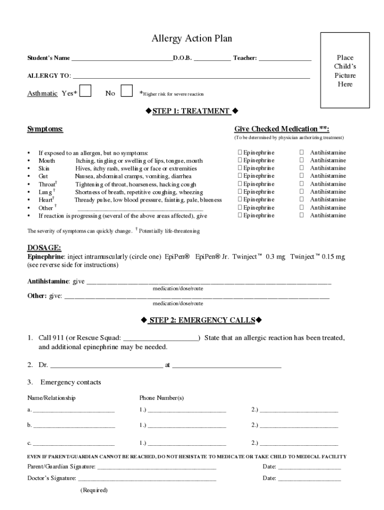 Fillable Online Allergy Action Plan Place Child's Picture Here Fax ...