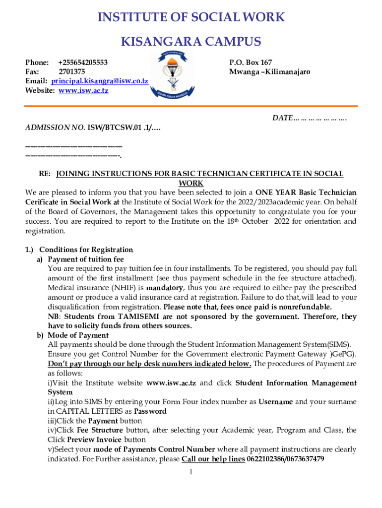 Fillable Online INSTITUTE OF SOCIAL WORK KISANGARA CAMPUS Fax Email ...
