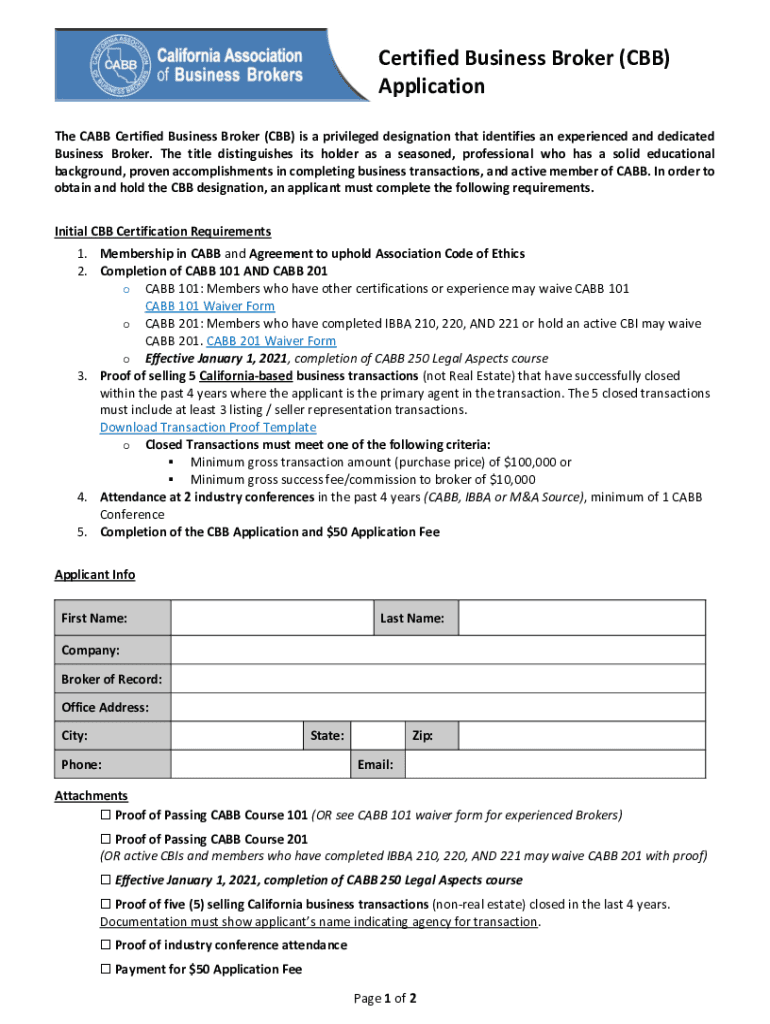 Fillable Online Become a Certified Business Broker (CBB) Fax Email ...