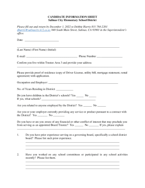 Fillable Online CANDIDATE INFORMATION SHEET Salinas ... Fax Email Print - pdfFiller