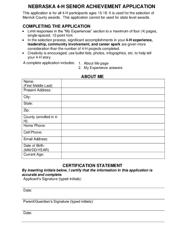 Fillable Online extension unl This application is for all 4-H ...