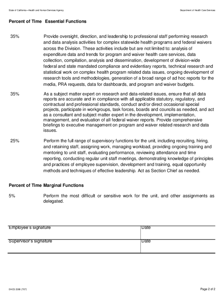 Fillable Online Research Data Supervisor 1. dhcs2388 - Duty Statement ...