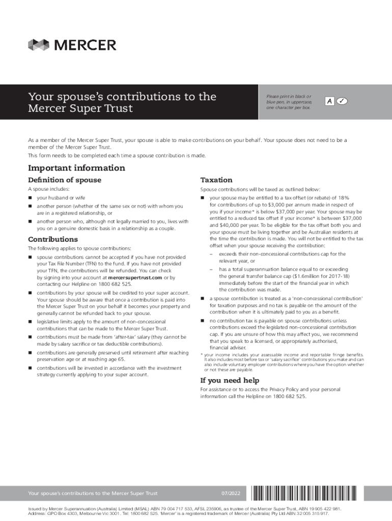 Fillable Online Your spouse's contributions to the Mercer Super Trust ...