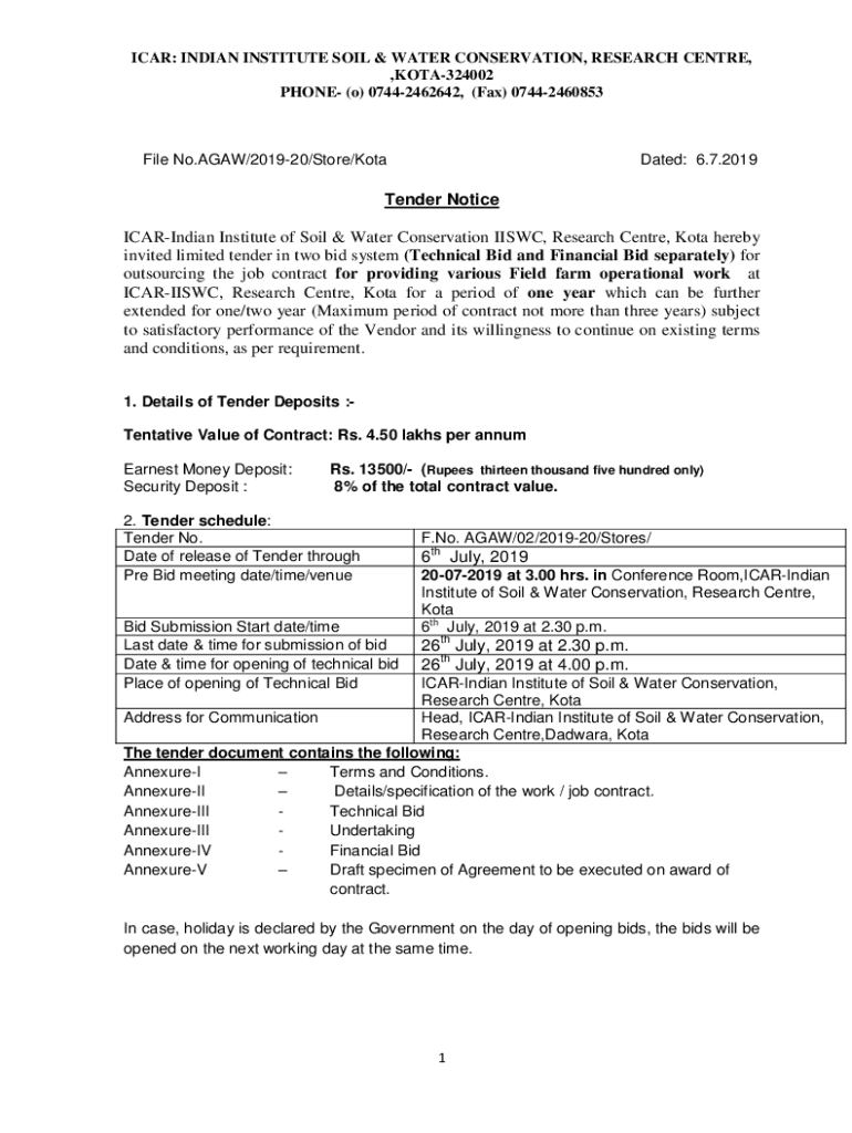 Fillable Online Tender Notice ICAR-Indian Institute of Soil & Water ...