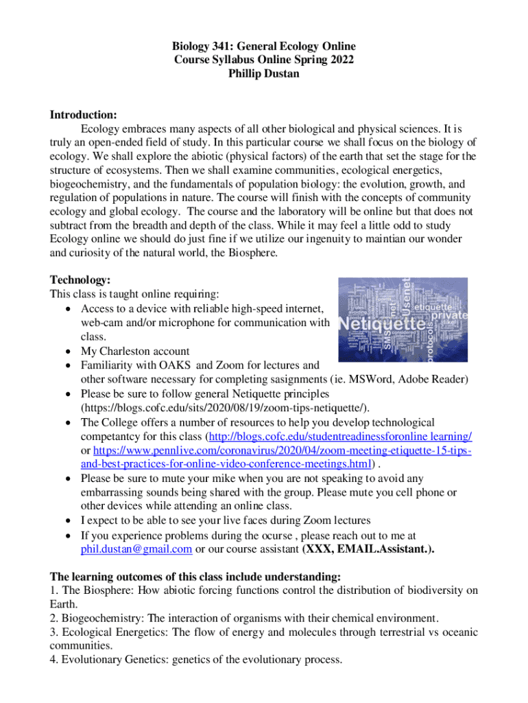 Fillable Online Biology 341: General Ecology Course Outline Fall 1996 ...