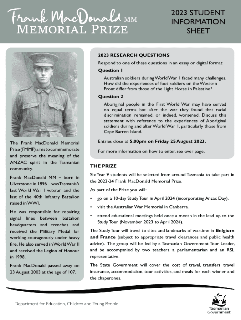 Fillable Online Frank MacDonald Memorial Prize Student Information ...