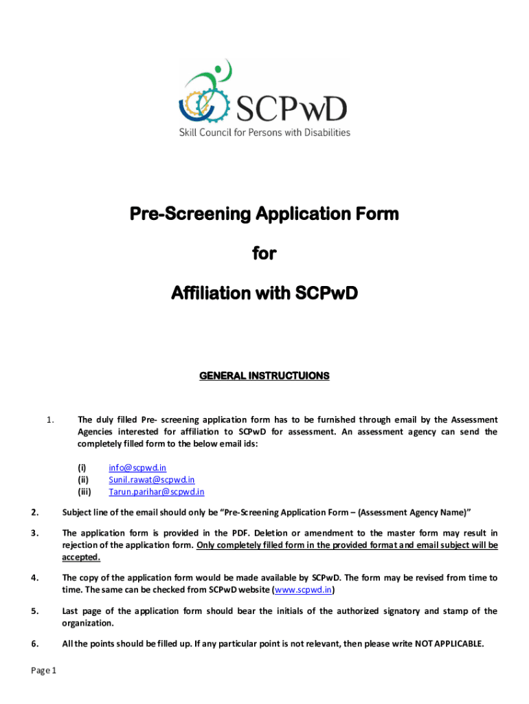 Fillable Online Pre-Screening Application Form for Affiliation with ...