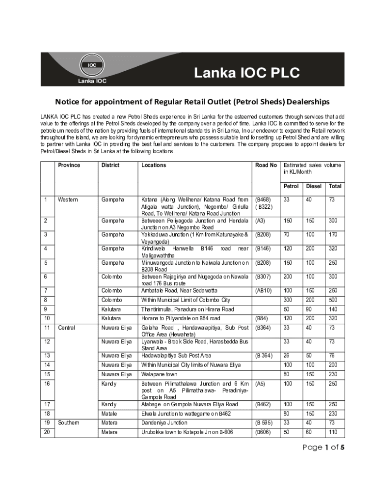 Fillable Online Notice for Appointment of Retail Outlet Dealers (Petrol ...
