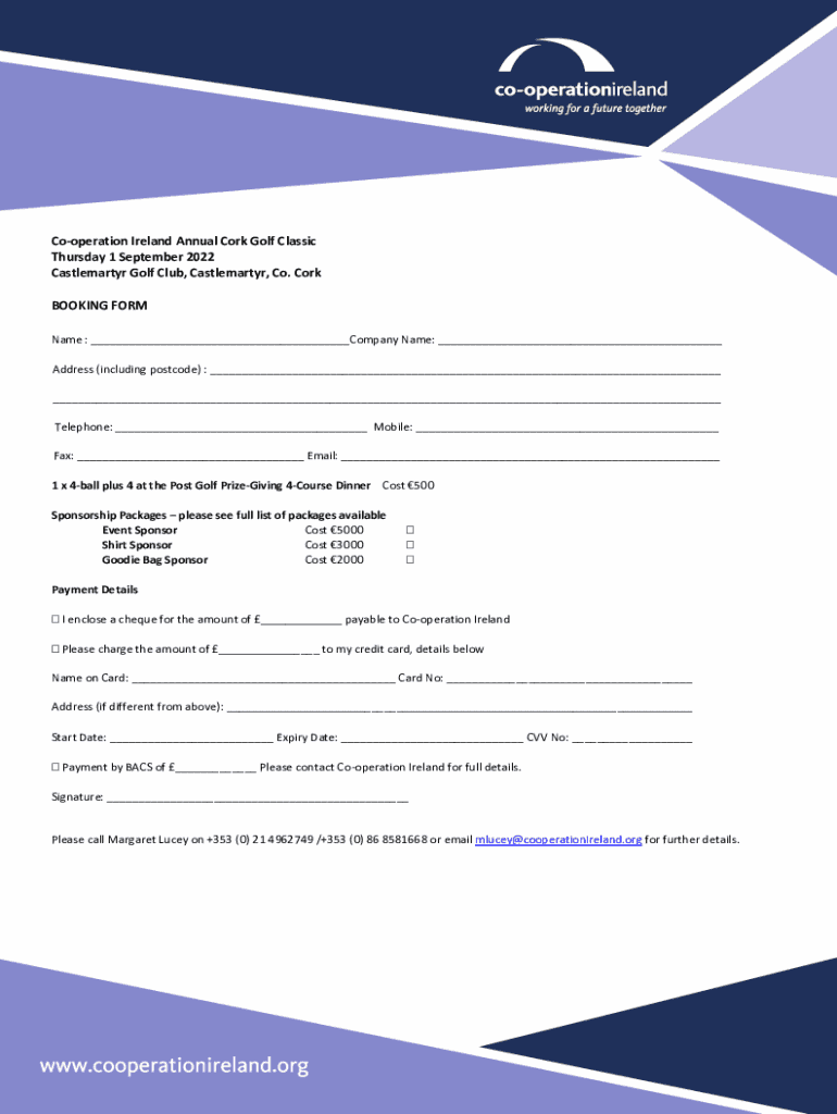 Fillable Online Cork-Golf-Classic-Booking-Form. ... Fax Email Print ...