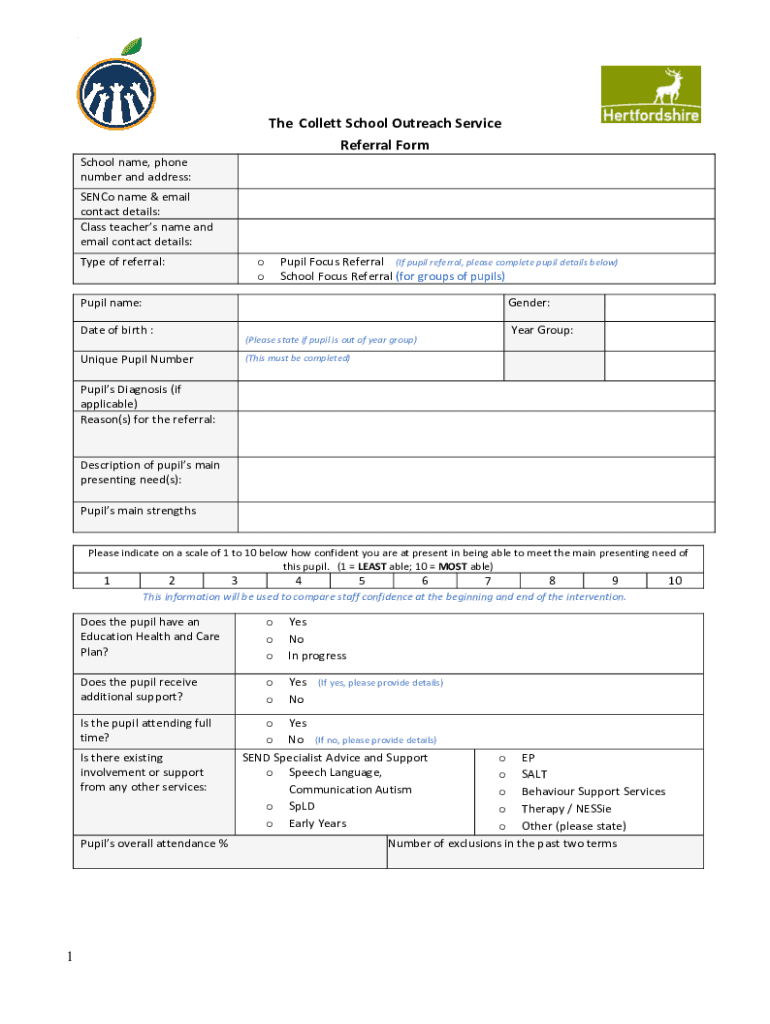 Fillable Online 1 The Collett School Outreach Service Referral Form Fax Email Print - pdfFiller
