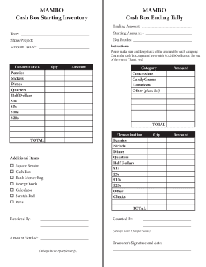 Fillable Online Cash Box Starting Inventory Money Receipt / Tally Sheet ...