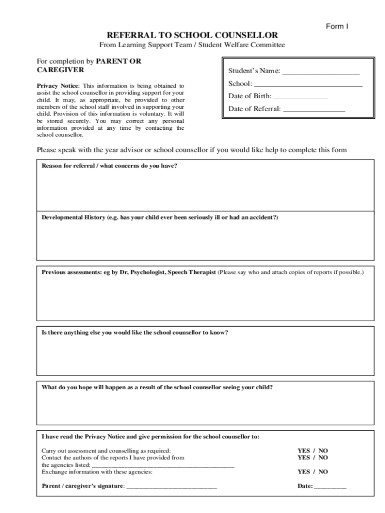 Fillable Online School counsellor referral form - NSW Department of ...