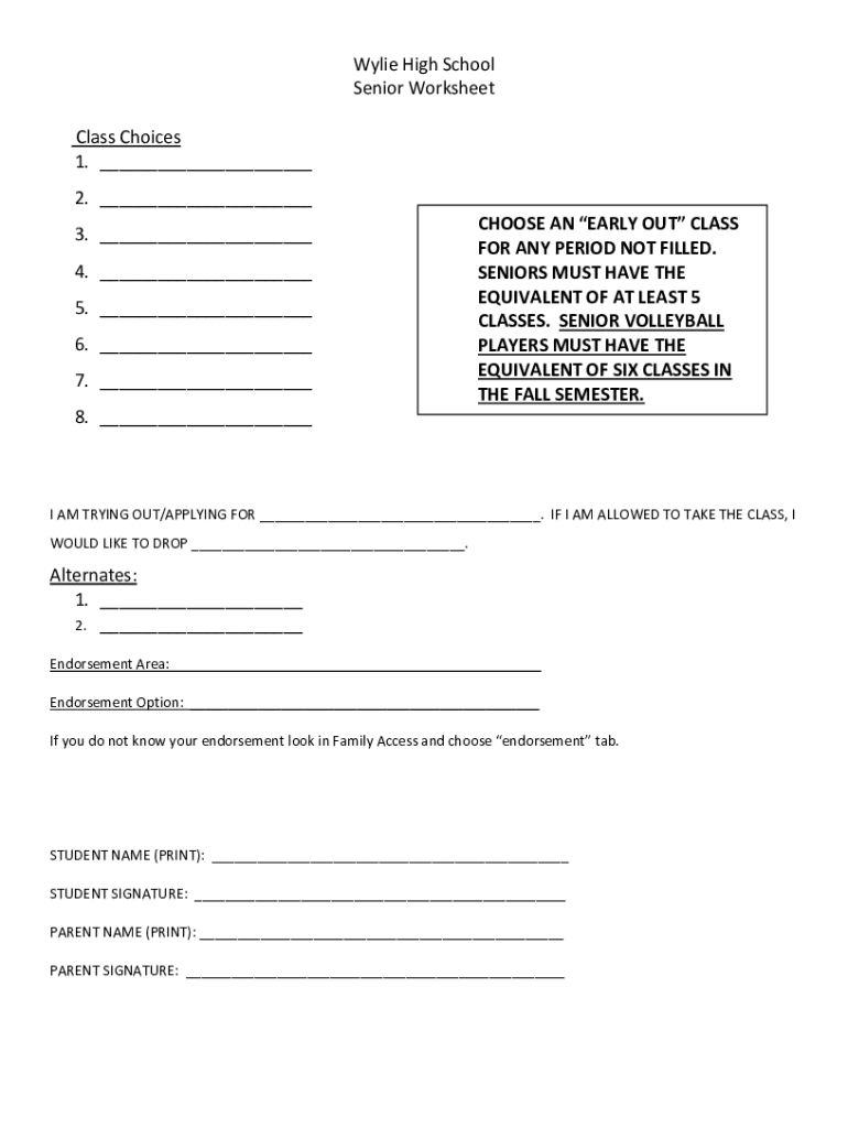 Fillable Online Wylie High School Senior Worksheet Class Choices 1. Fax ...