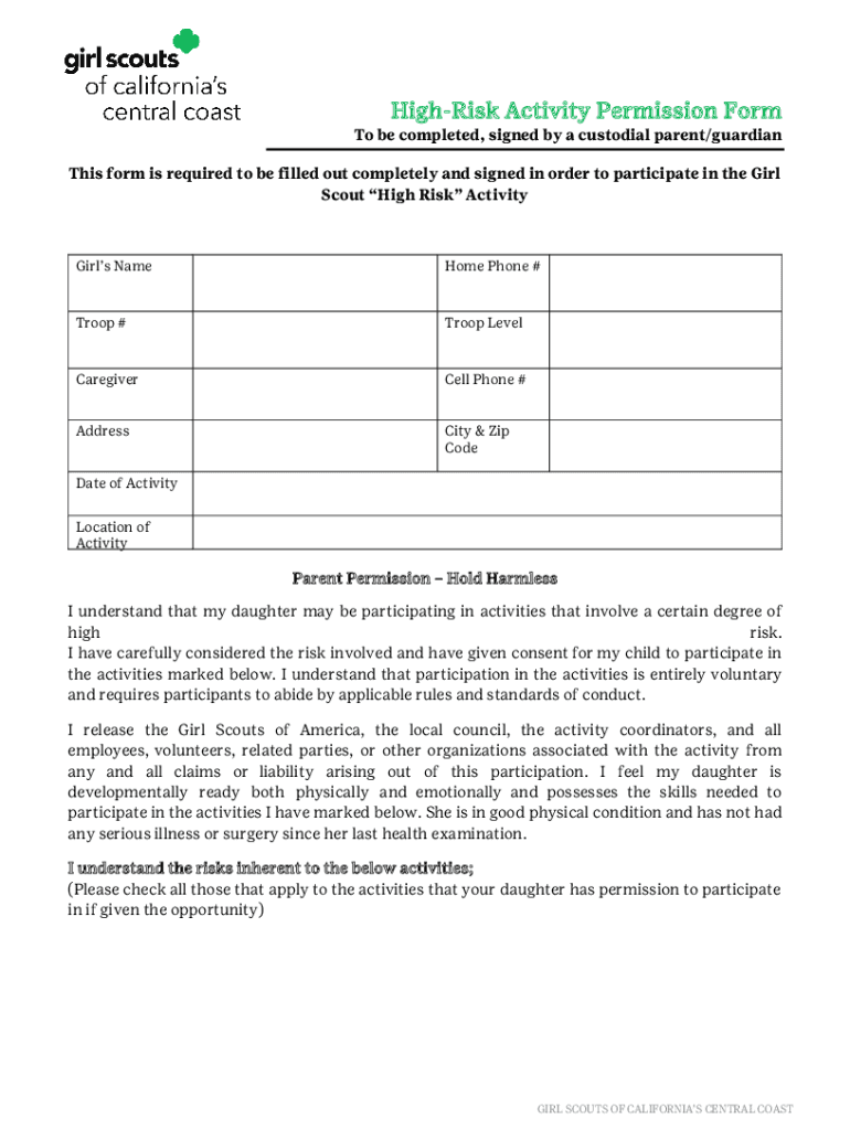 Fillable Online High Risk Activity Permission Form. 102319 Fax Email ...