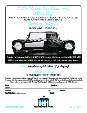 Fillable Online 2022 Classic Car Show and Oldies Day Sunday, July 10 ...