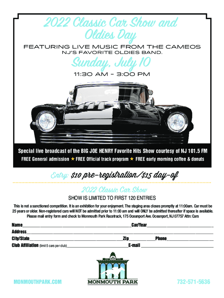 Fillable Online 2022 Classic Car Show and Oldies Day Sunday, July 10 ...