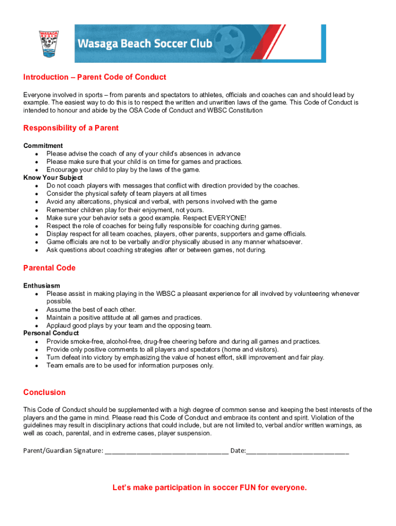Fillable Online Sports Code of Conduct For Parents, Coaches, Guardians ...