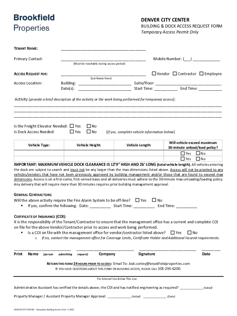 Fillable Online DENVER CITY CENTER - Temporary Building Access Form Fax ...