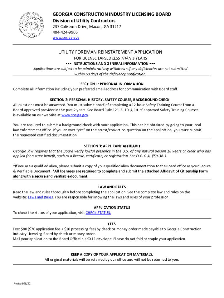 Fillable Online sos ga 47 New Hrs. -Utility Foreman Reinstatement less ...