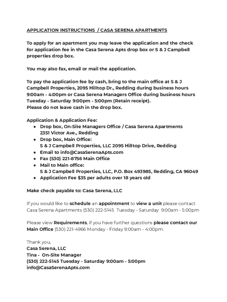 Fillable Online application instructions / casa serena apartments Fax Email Print - pdfFiller