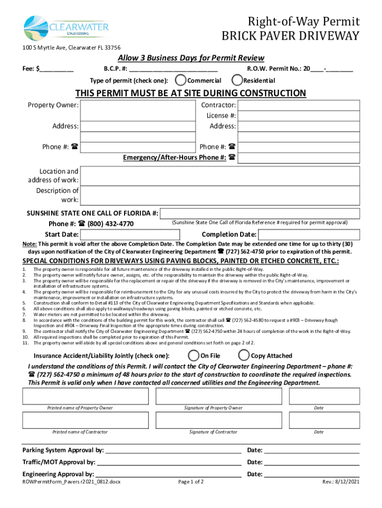 Fillable Online Right of Way Permitting SectionCity of Tampa Fax Email ...